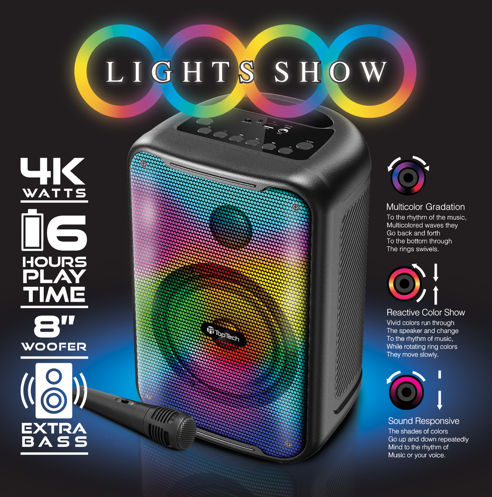 TOPTECH BLADE-8 8" Wireless Bluetooth Speaker, 4000W, TWS, Flame Light ...